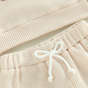 Toddler Baby Girl Boy Fall Winter Waffle Outfit Set Letter Printed Long Sleeve Sweatshirt Tops + Pants (Apricot, 6-12 Months)