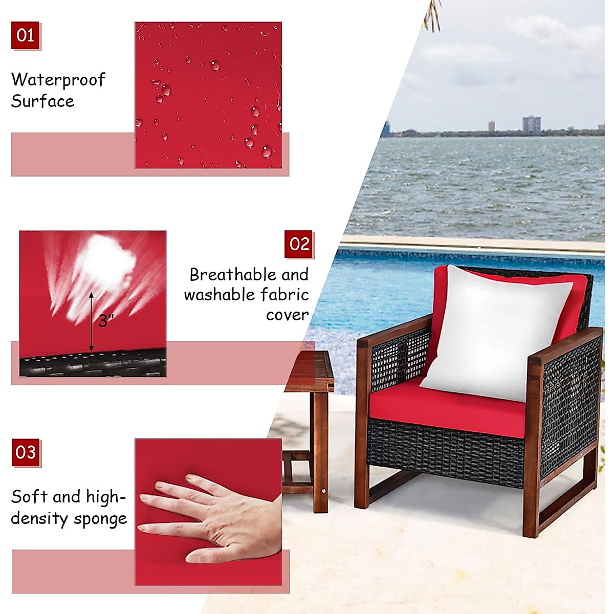 LDAILY 3 Pieces Patio Furniture Set, Rattan Outdoor Front Porch Chairs with Wood Coffee Table & Cushion, Comfy Wicker Conversation Patio Set for Movie Seating, Balcony, Garden, Poolside (Red)