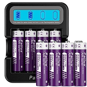 Pallus Rechargeable Lithium AA Batteries - 8 Pack 1.5v 3500mWh AA Rechargeable Batteries with LCD Charger for Outdoor Blink Camera, Fast Charging, Long Lasting, Low Battery Alarmc, Cycles 1600x