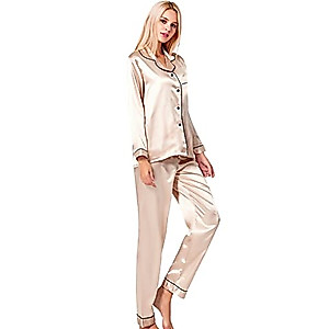 SWOMOG Womens Silk Satin Pajamas Long Sleeve Loungewear Two-piece Sleepwear Button-Down Pj Set Champagne