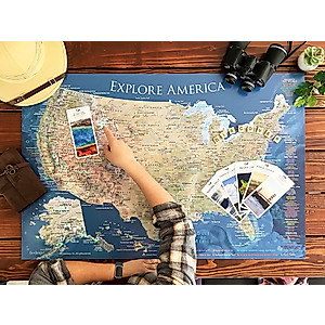 National Parks Poster Map with terrain and USA Interstates, All NPS Sites, Landmarks, Highest Peak by State Poster - 24x18 inch Map - Explore America - Voyager Edition