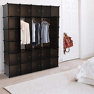 VINGLI Cube Storage Organizer, Plastic Closet Cabinet, DIY Plastic Modular Book Shelf Unit, Cube Shelves with Doors and Hanging Rods (Brown, 30 Cube- Deeper)