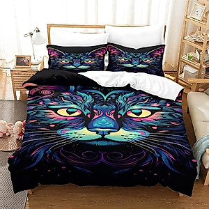MEFESE Colorful Line Cat Theme 3D Bedding Duvet Cover Set Neon Cool Style 3 Piece (1 Duvet Cover+2 Pillowcase) for Teen Boys Girls Sports Microfiber Bedding Quilt Twin（173x218cm）