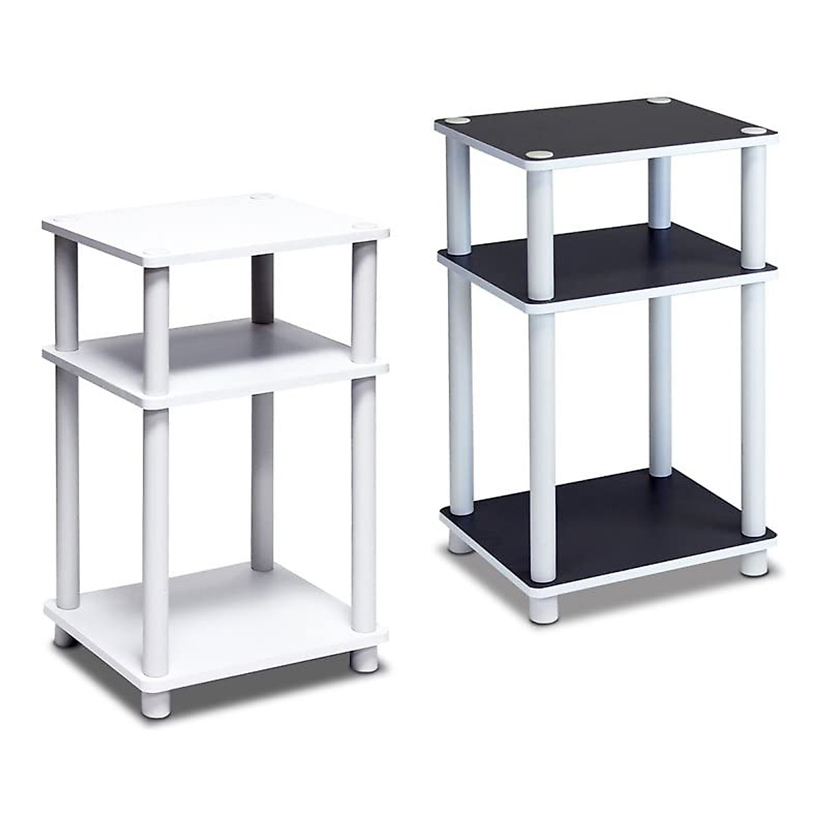 Furinno Just 3-Tier Turn-N-Tube End Table / Side Table / Night Stand / Bedside Table with Plastic Poles, 2-Pack, White/White and Furinno Luder Bookcase / Book / Storage, 5-Cube, White