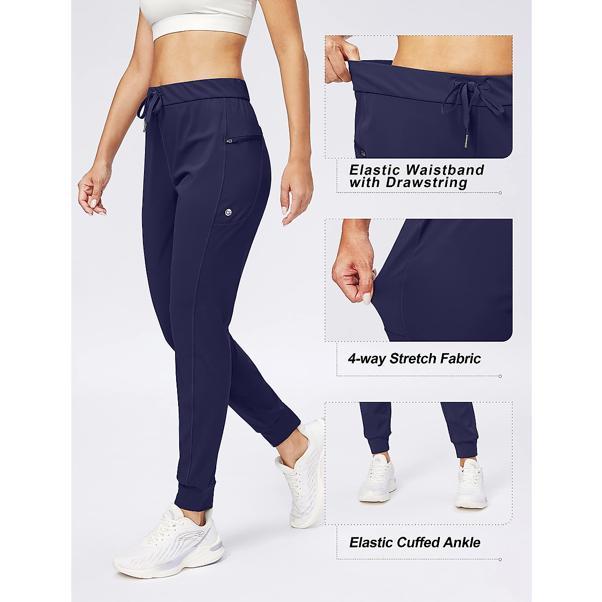 G Gradual Women's Joggers Pants with Zipper Pockets Stretch Tapered Athletic Joggers for Women Lounge, Jogging, Workout (Navy, Large)