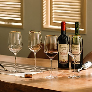 1500° C TABLETOP Gold Rim Stemmed Wine Glasses Set of 4, 21 oz. Crystal Clear Glassware with Long Stem for Red and White Wine