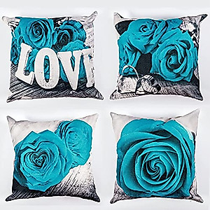 Teal Green Throw Pillow Covers 18x18 Set of 4, Turquoise Rose Flower Couch Pillow Cover Outdoor Patio Furniture Home Decor， Linen Cotton Square Grey Dark Blue Pillowcases Living Room Sofa Decorative