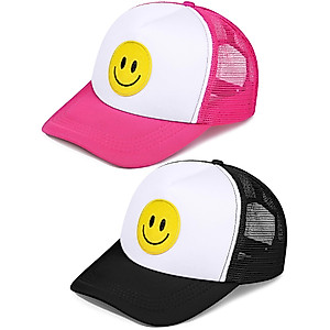 Cozypower 2 Pcs Smile Face Baseball Cap Smile Trucker Hat Mesh Adjustable Baseball Cap Retro Preppy Hats for Women(Rose Red, Black, White)
