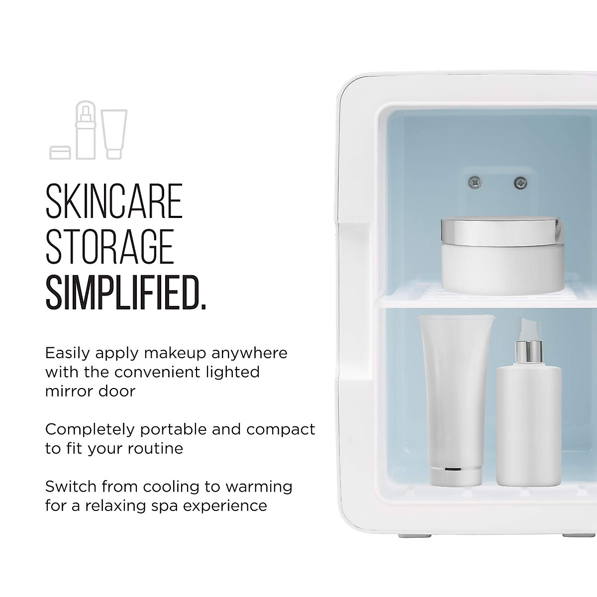 Chefman - Iceman Mirrored Beauty Fridge With LED Lighting, 6L Portable White Mini Refrigerator, Skin Care, Makeup Storage, Chill Cosmetics & Face Masks, Small For Desktop Or Travel, Cool & Heat