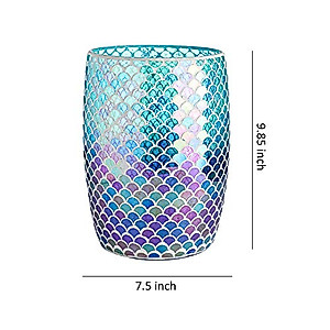 WHOLE HOUSEWARES Bathroom Wastebasket - Glass Mosaic Decorative Trash Can Dia 7.5" H 10" (Fan Shape) and Mosaic Glass Tissue Holder Decorative Tissue Cover Square Box (Fan Shape)