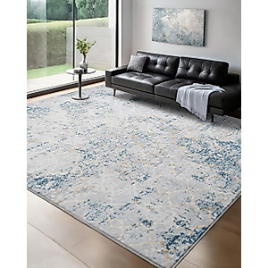 Ruggnovea 8x10 Area Rugs 8x10, Machine Washable Area Rugs for Living Room, Blue Teal Area Rug with Non Slip Dots for Bedroom, Low Pile Carpet with Modern Stripe Printing, Fade Resistant Area Mats