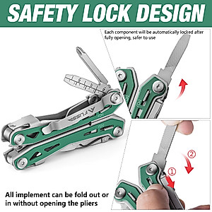 FLISSA Multi Tool Pliers, Green 16 in 1 Stainless Steel Multipurpose tool with Tactical Multitool Knife, Screwdrivers, Saw, Bottle Opener and Durable Sheath, Essential Gear for Outdoor Adventures