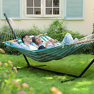 Double Outdoor Hammock with Stand, 2 Person Cotton Rope Hammock with Polyester Pad and Pillow for Backyard Porch Patio Garden
