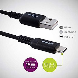 Philips Accessories USB-C to USB-A Charging Cable, 6 Ft Cord, USB-If Certified, 15W, Compatible W/iPad Pro, MacBook Pro, Samsung Galaxy S21/S10/S9/Plus, Google Pixel 5/C/3/2/XL, Black, DLC4106A/37