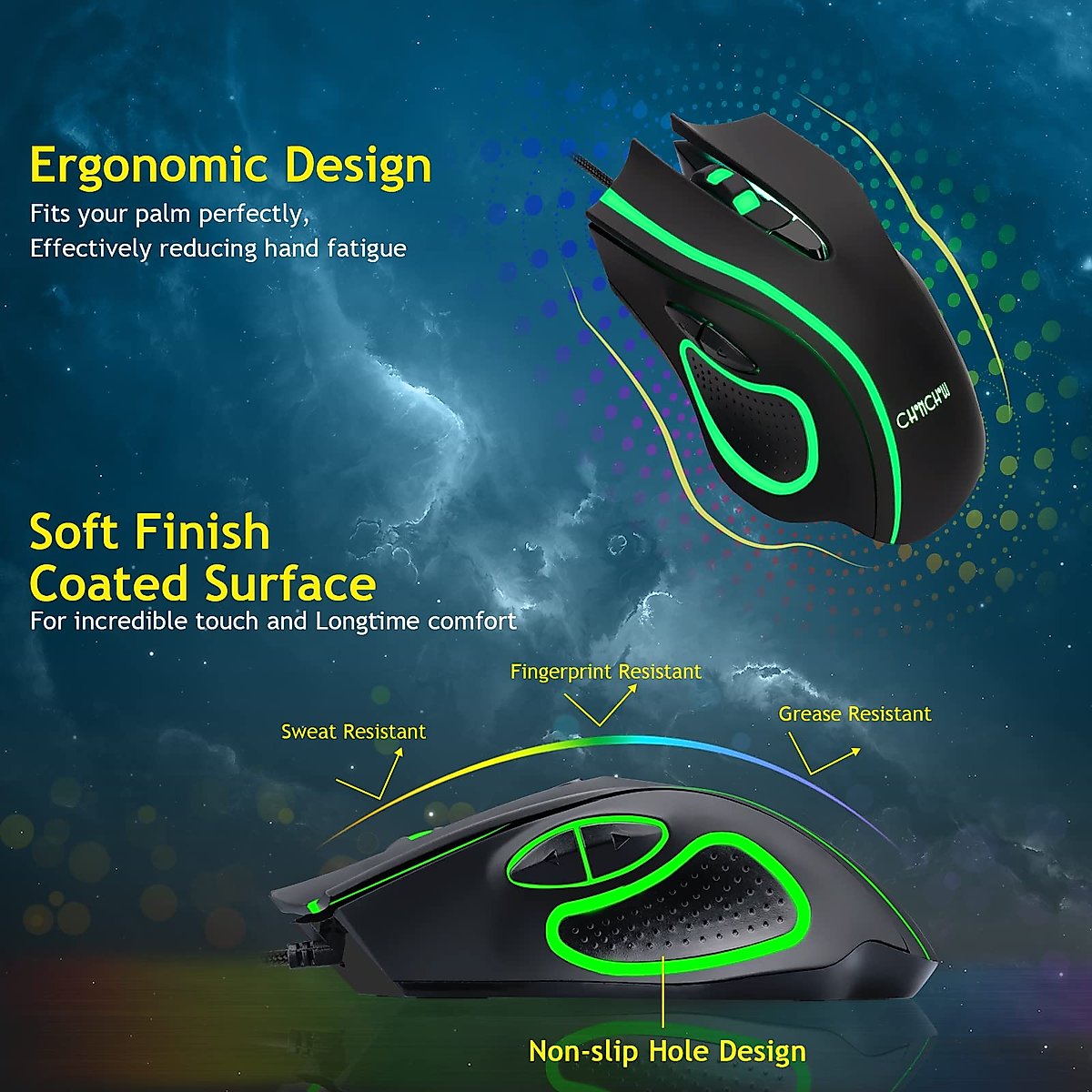 CHONCHOW Gaming Mouse Wired PC Gaming Mice with Backlit 4 Adjustable DPI Up to 7200 and 6 Programmable Buttons Ergonomic Design,USB Optical Computer Mouse for Desktop PC Laptop Gamer & Worker- Black
