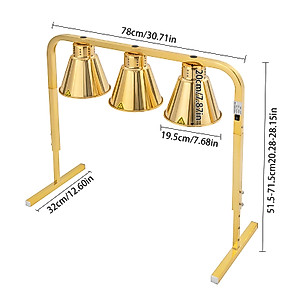 Food Heat Lamp, 3-Head Food Warming Lamp with Height-Adjustable 20.28-28.15 in, Tabletop Food Warmer with 3*Tungsten Bulbs for Restaurant Kitchen, Commercial Powerful Food Warmers 110V 750W (Gold)