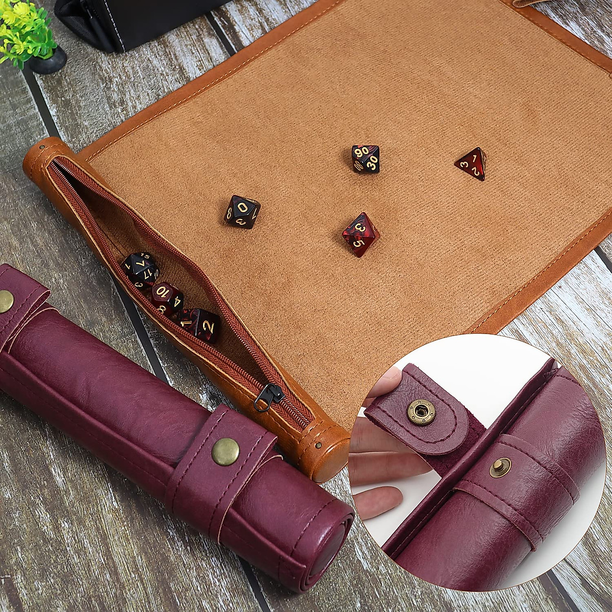 Lohoee 2Pcs Dice Rolling Mat PU Leather Dice Holder Tray with Zipper Folding Dice Bag for Dice Game Accessories (Brown and Purple)