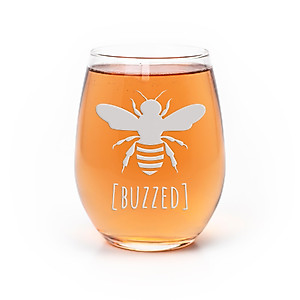 Bumble Bee Buzzed Stemless Wine Glass - Wine Glass, Gift, Funny, Cute, Buzzed, Bumble Bee, Bumblebee, Wine, Adorable
