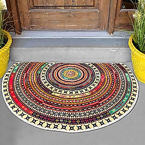 Boho Half Round Indoor Entrance Rug Doormats 36x24 Inches Absorbent Non-Slip Bedroom Front Back Outdoor Welcome for Entryway Machine Washable, Bohemia Ethnic Style Pattern