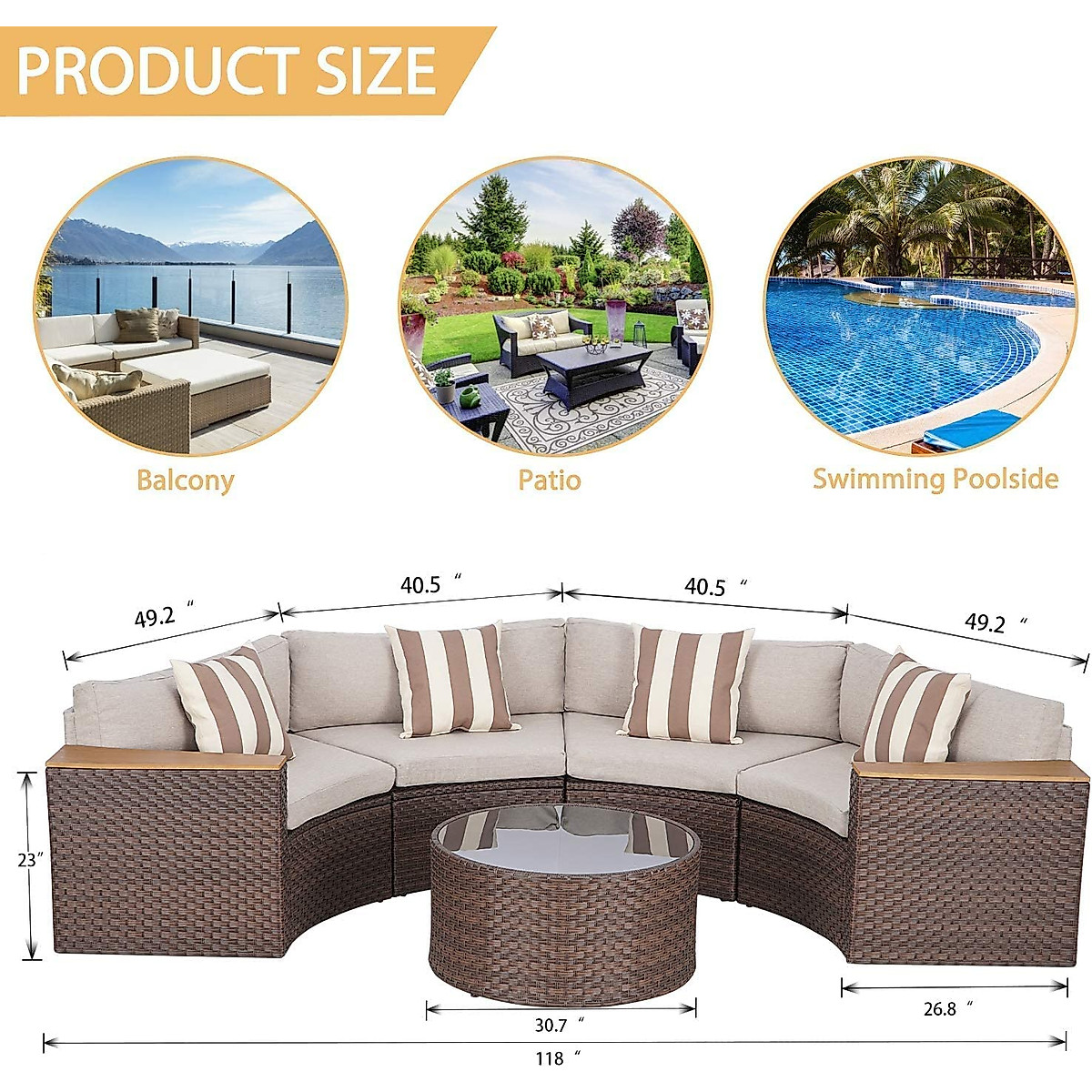 Betterland 5 Piece Curved Outdoor Sectional Sofa Half-Moon Patio Furniture Set, All-Weather PE Rattan Wicker Patio Conversation Set with Washable Cushion and Glass Table(Brown)