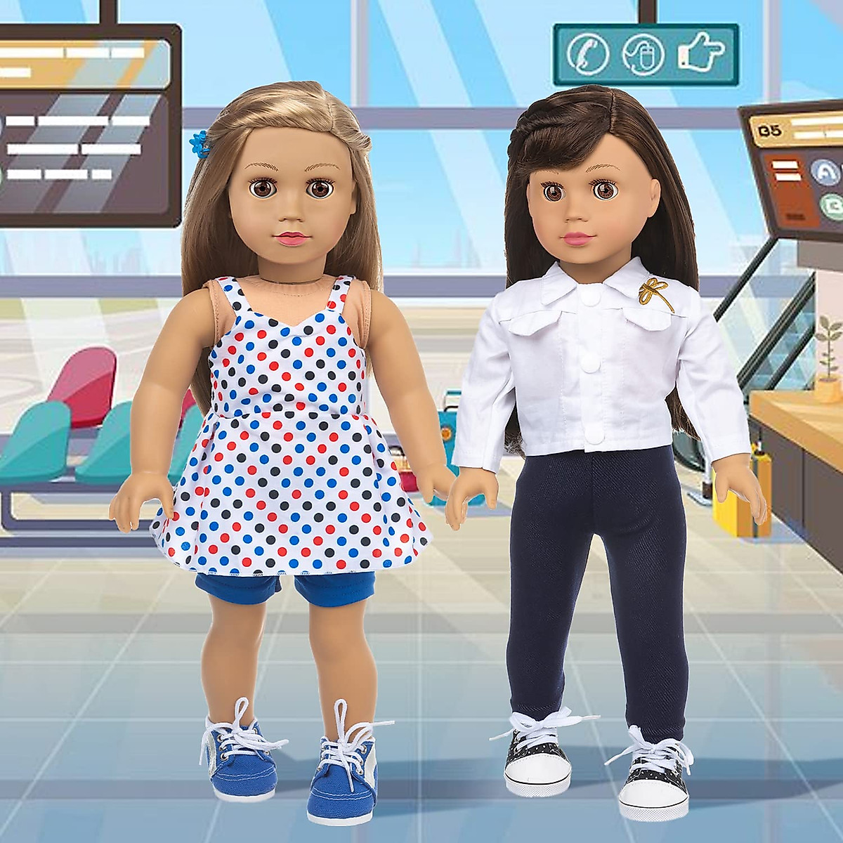 XFEYUE American 18 Inch Doll Clothes and Accessories 5 Sets Doll Clothes Dress Outfits + 2 Random Style Shoes for 18 Inch Doll Clothes