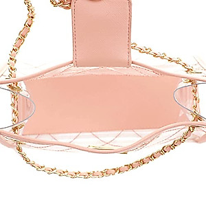 Stadium Concert Vegan Leather Transparent Clear Tote Bag Satchel Crossbody Purse Handbag (Chain 2 Way Square Tote - Pink)