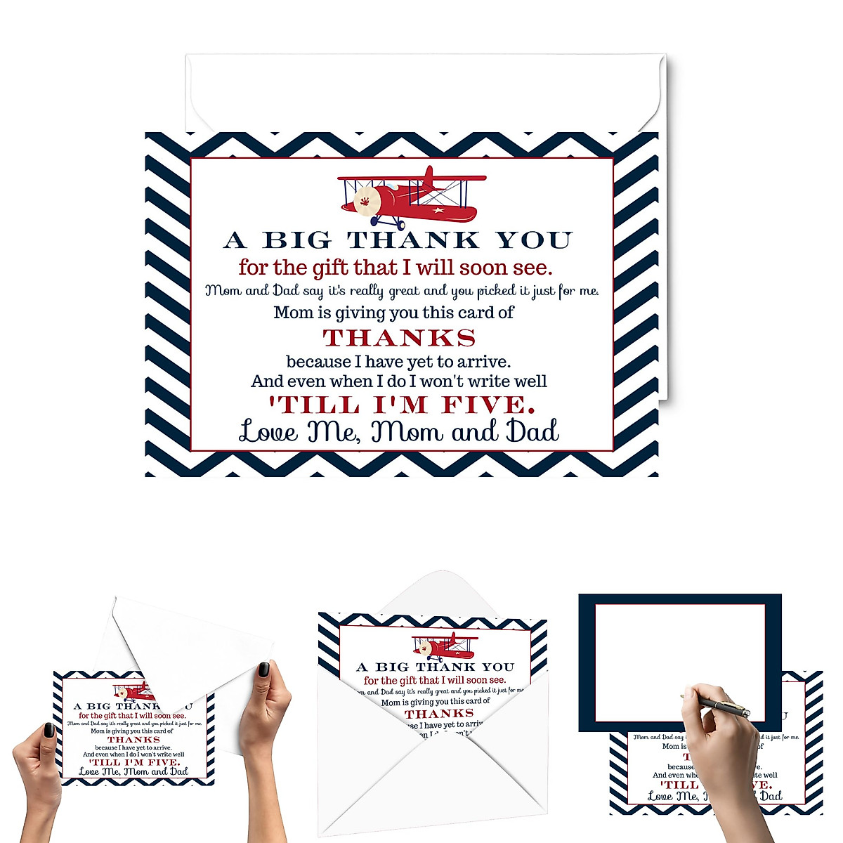 Paper Clever Party 25 Airplane Baby Thank You Cards Pack – Boys Baby Shower Notes with Envelopes, Prefilled Message, Customizable Blank Stationery, Adventure Theme, New Parents Gift Ideas