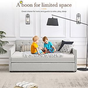 Antetek Daybed with Trundle, Fabric Upholstered Twin Size Day Bed Pull-Point Sofa Daybed Frame w/Twin Roll-Out Trundle, No Box Spring Needed, Furniture for Bedroom, Living Room, Guest Room, Beige