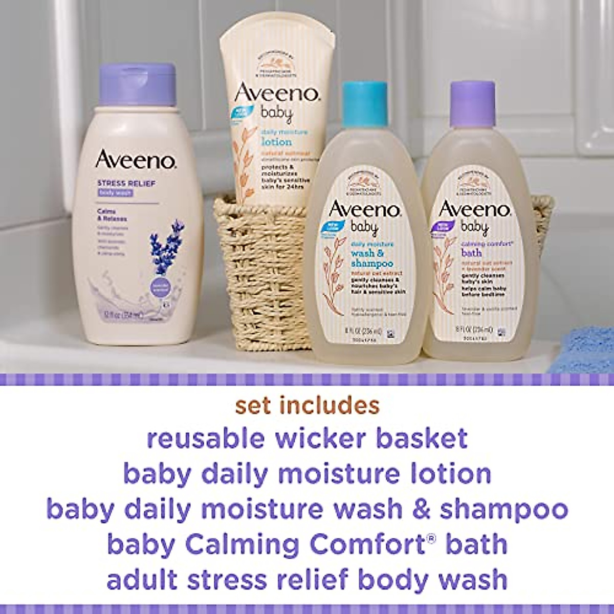 Aveeno Baby Mommy & Me Daily Bathtime Gift Set including Baby Wash & Shampoo, Calming Baby Bath & Wash, Baby Moisturizing Lotion & Stress Relief Body Wash for Mom, 4 items