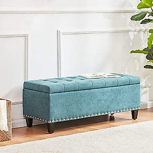 HUIMO Ottoman with Storage, 41-inch Upholstered Fabric Storage Ottoman with Safety Hinge, Storage Bench with Button-Tufted, Ottoman Bench for Bedroom, Entryway, Living Room, End of Bed Bench (Teal)