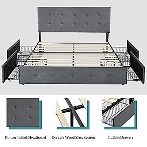 HOOMIC Queen Upholstered Platform Bed Frame with 4 Storage Drawers, Wooden Slats Support, Adjustable High Headboard with Square Stitched Button Tufted Design, No Box Spring Needed,Dark Grey