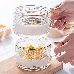 SZHTSWU Vintage Glass Coffee Mug, 14 Ounces Clear Embossed Glass Cup with Gold Rim, Breakfast Cups with Gold Spoon, Drinking Glasses with Handle for Latte, Milk, Cereal, Beverages (Sunflower)