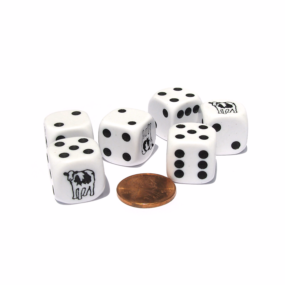 Set of 6 Cow Dice 16mm D6 Rounded Edge Koplow Animal Dice- White with Black Pips