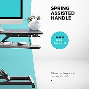 RIF6 34 Inch Convertible Standing Desk – Desk Riser with Customizable Height Settings – Sit to Stand with Spring Assisted Handle – Comes with Tablet and Phone Holder – Black