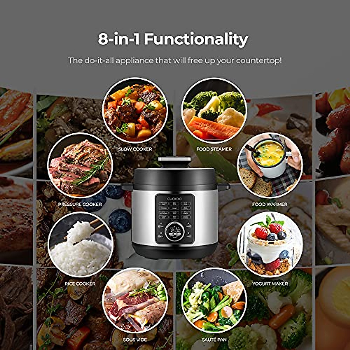 Cuckoo CMC-ZSN601F 8-in-1 Electric Pressure Cooker, Slow Cooker, Sauté, Steamer, Warmer, Sous Vide, 20 Menu Options, Stainless Steel Inner Pot, 6 QT, Black