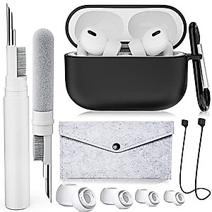 AKIKI [5 in 1] for Airpods Pro Case Cover 2022/2019 with Cleaner kit&Replacement Eartips(XS/S/M/L), Soft Silicone Protective Cover with Keychain and Magnetic Anti-Lost Straps (Black)
