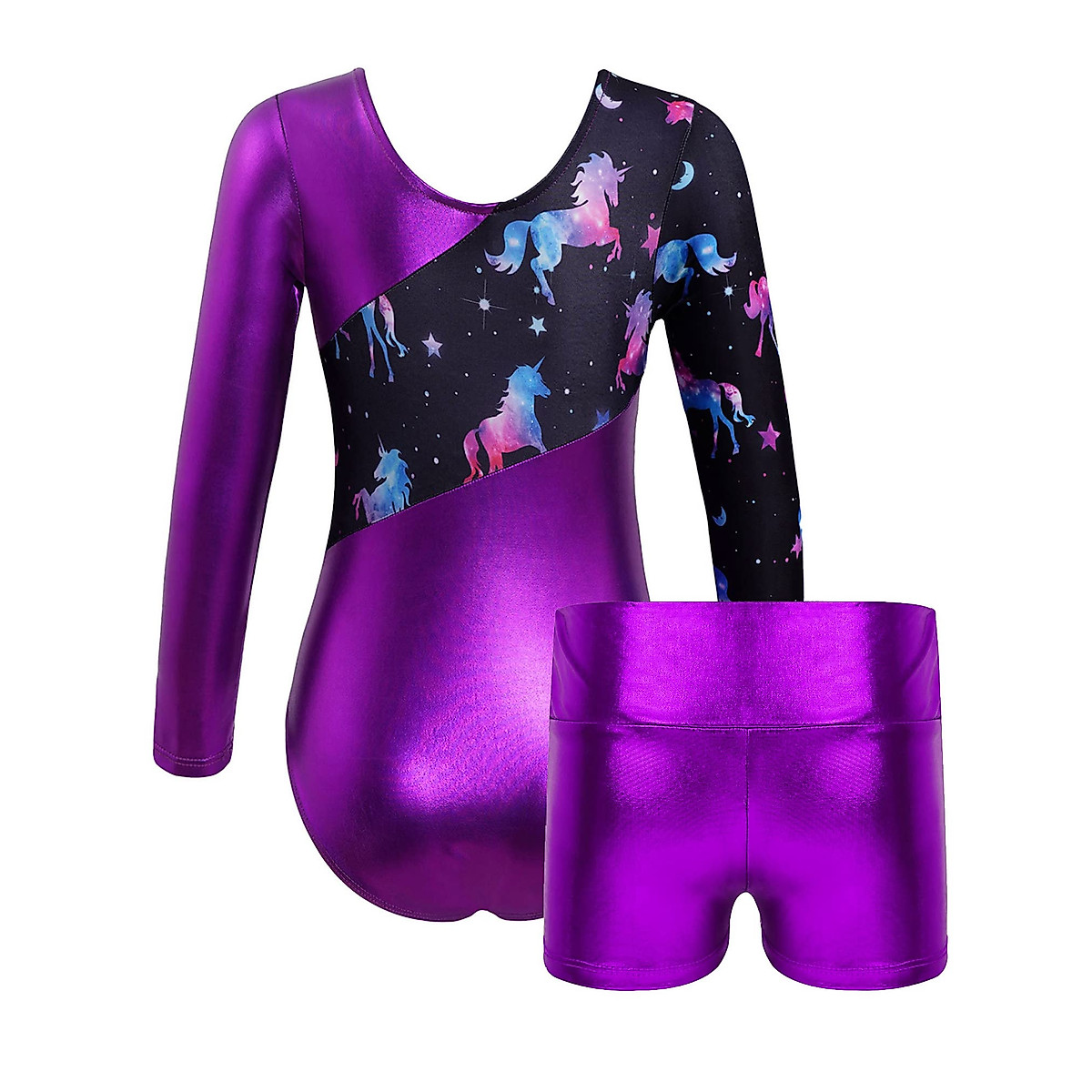 winying Kids Girls Long Sleeve Unitard Bodysuit with Shorts Fitness Gymnastic Leotard Dancewear Purple 6 Years