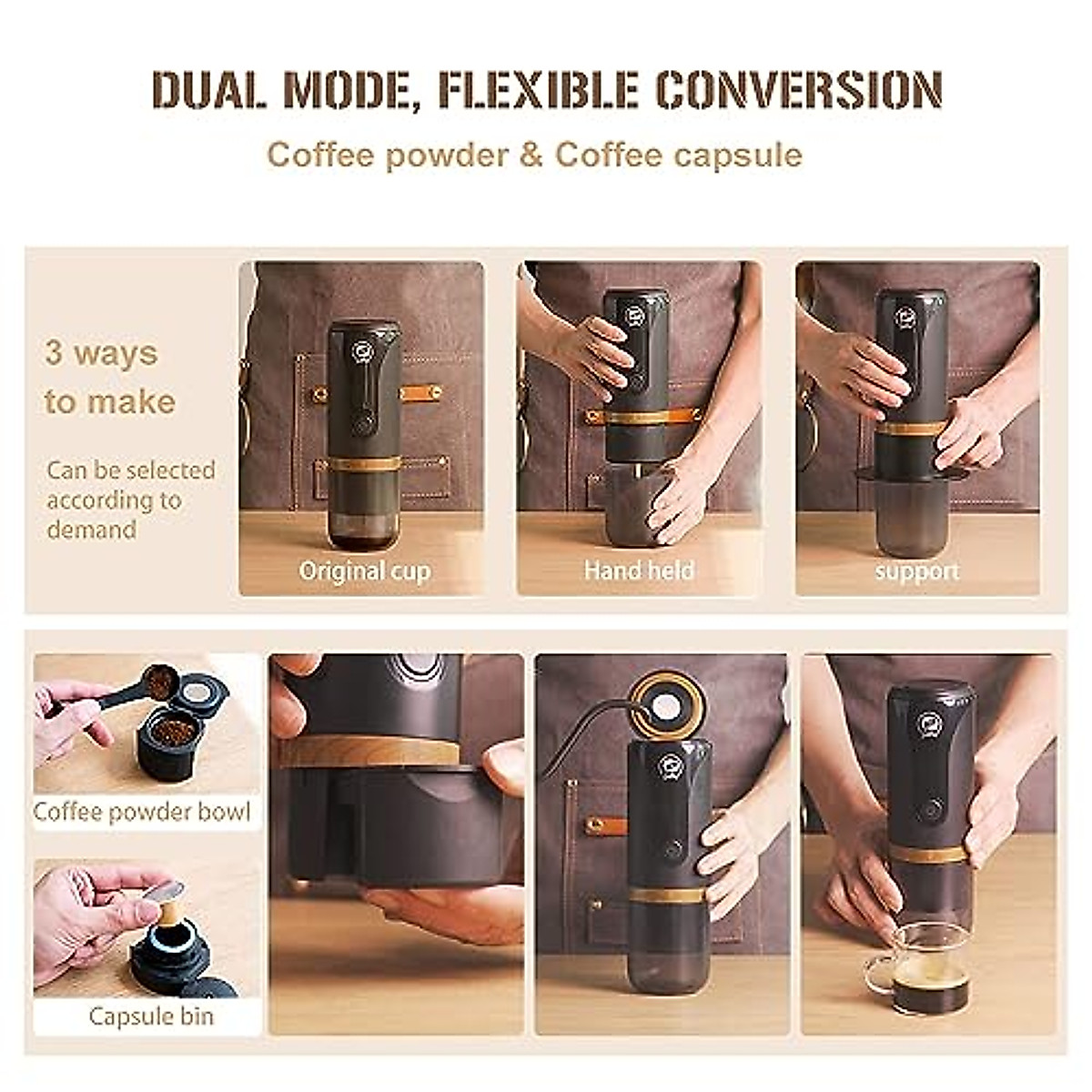 TASKITERY Portable Espresso Maker,12V Travel Coffee Machine,9 Bar Pressure Compatible with NS Capsule & Ground Coffee for Office Travel Camping Driving