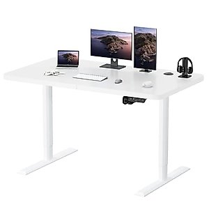 JUMMICO Standing Desk Electric Adjustable Desk Large 55 x 24 Sit Stand Up Desk Home Office Computer Desk Memory Preset with T-Shaped Metal Bracket and Holes for Routing Cables, White