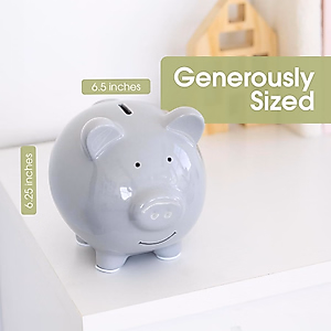 Pearhead Large Ceramic Piggy Bank, Ideal for Boys and Girls, Kids Money and Coin Bank, Perfect Baby Boy Nursery Décor, Great Gift and Newborn Keepsake, Solid Gray