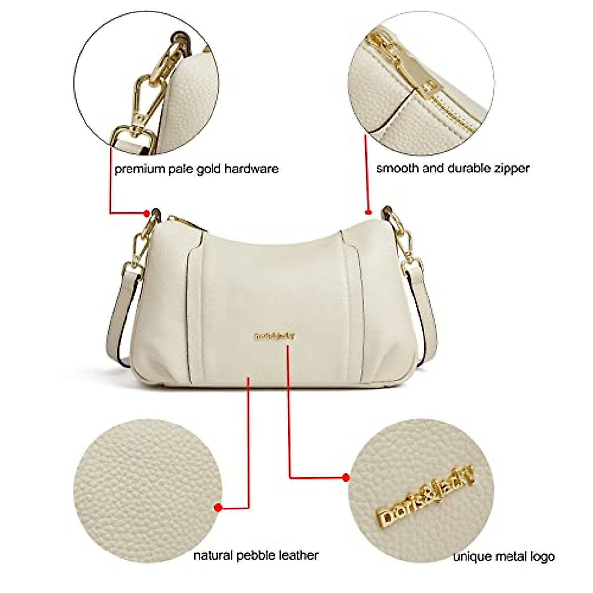 DORIS&JACKY Leather Shoulder Handbags For Women Medium Designer Crossbody Purse And Bags With Two Detachable Straps (5-Off White)