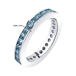 PEORA Swiss Blue Topaz Classic Eternity Ring Band for Women 925 Sterling Silver, Genuine Gemstone Birthstone, 1.25 Carats total, 3mm width, Size 7