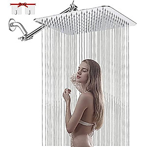 10'' Square Rain Shower head with 11 Inches Adjustable Extension Arm, Large Stainless Steel High Pressure Shower Head,Ultra Thin Rainfall Bath Shower Easy to Clean and Install(Chrome)