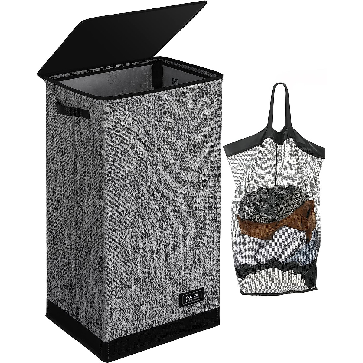 SOLEDI Laundry Hamper with Lid 100L Large & Tall Collapsible Laundry Basket, Clothes Hamper with Bag Removable Easy to Carry, Dirty Hampers for Bedroom, Bathroom, Dorm, College, Grey