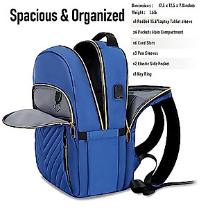 Backpack for Women, Travel Backpacks With USB Charging Port, School Student Anti Theft Laptop Bookbag, Large Quilted College Backpack Computer Bag Fits 17.3 Inch, Business, Work, Casual Daypack Blue