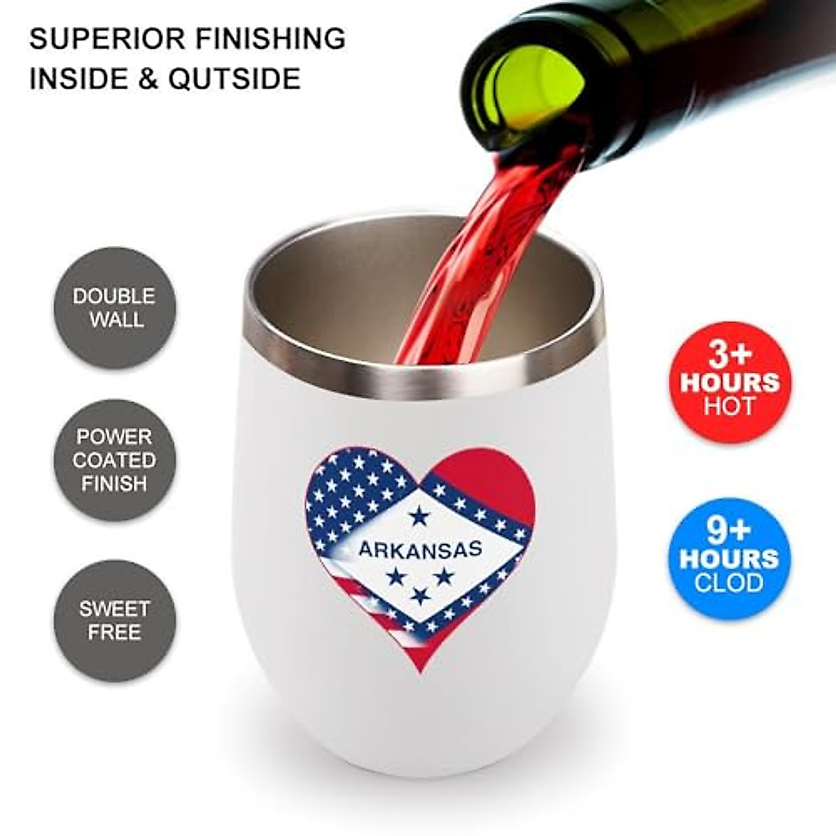 U.S.A. State of Arkansas Flag Heart Funny Wine Tumbler 12 Oz Stainless Steel Insulated Mug Double Wall Water Cup with Lid