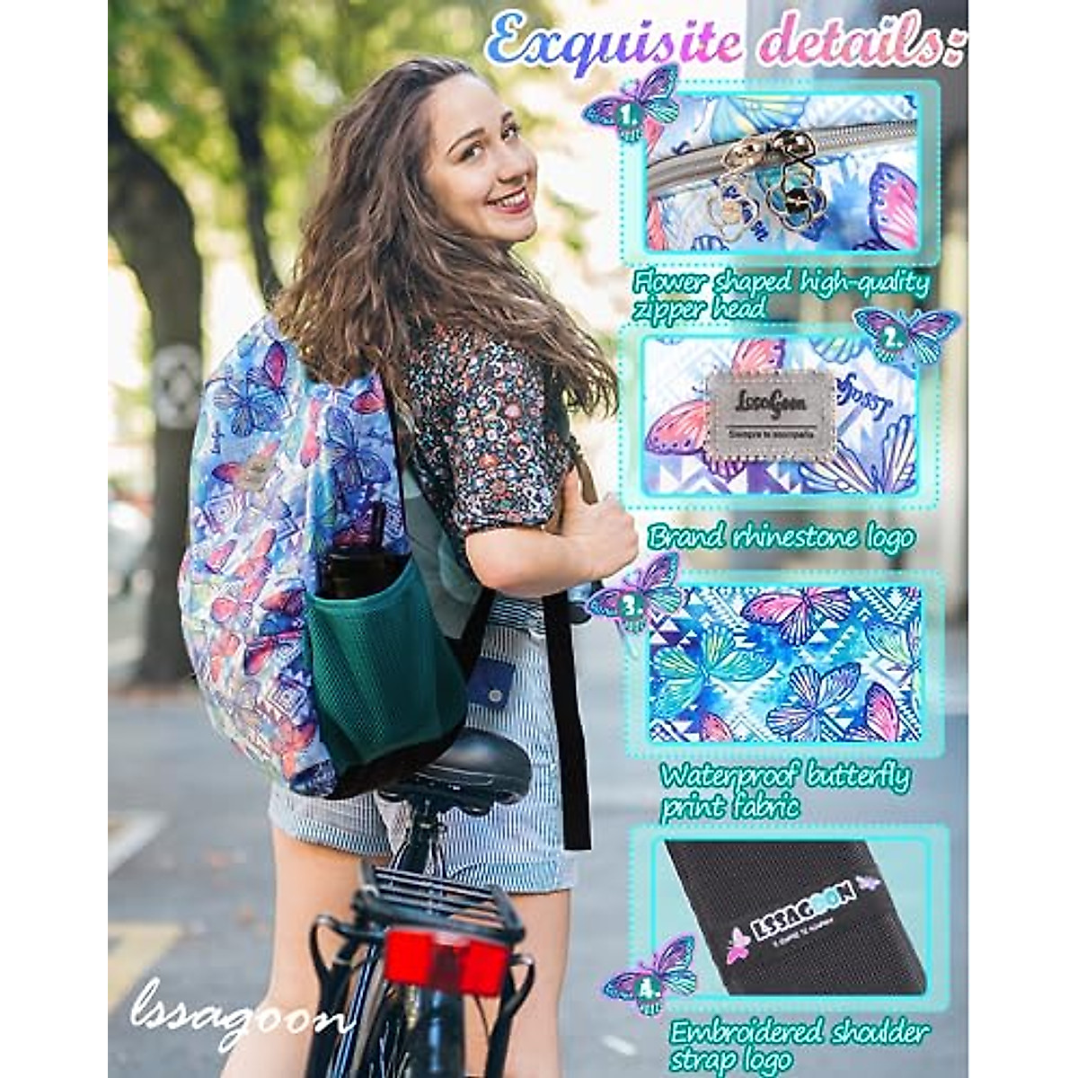 LSSAGOON Butterfly Print Backpack for Girls Teens Women.16in Bookbag W/Stationery Bag.Casual Baypack for Travel School Gift.