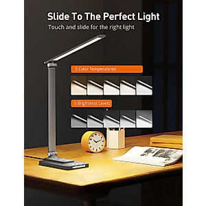 sympa Metal LED Desk Lamp, 12W Desktop Office Lamp, Reading Desk Light with 5V/2A USB Port, 5 Color Temperatures, 6 Brightness Levels, Touch Control for Dorm, Home Office, Bedroom, Living Room Grey