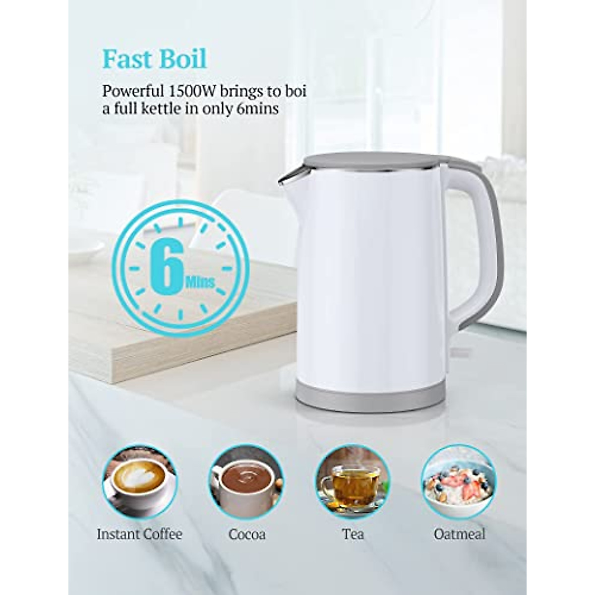 Electric Kettle, Double Wall 100% Stainless Steel Cool Touch Tea Kettle with 1500W Fast Boiling Heater, Auto Shut-Off & Boil Dry Protection, BPA-Free, White