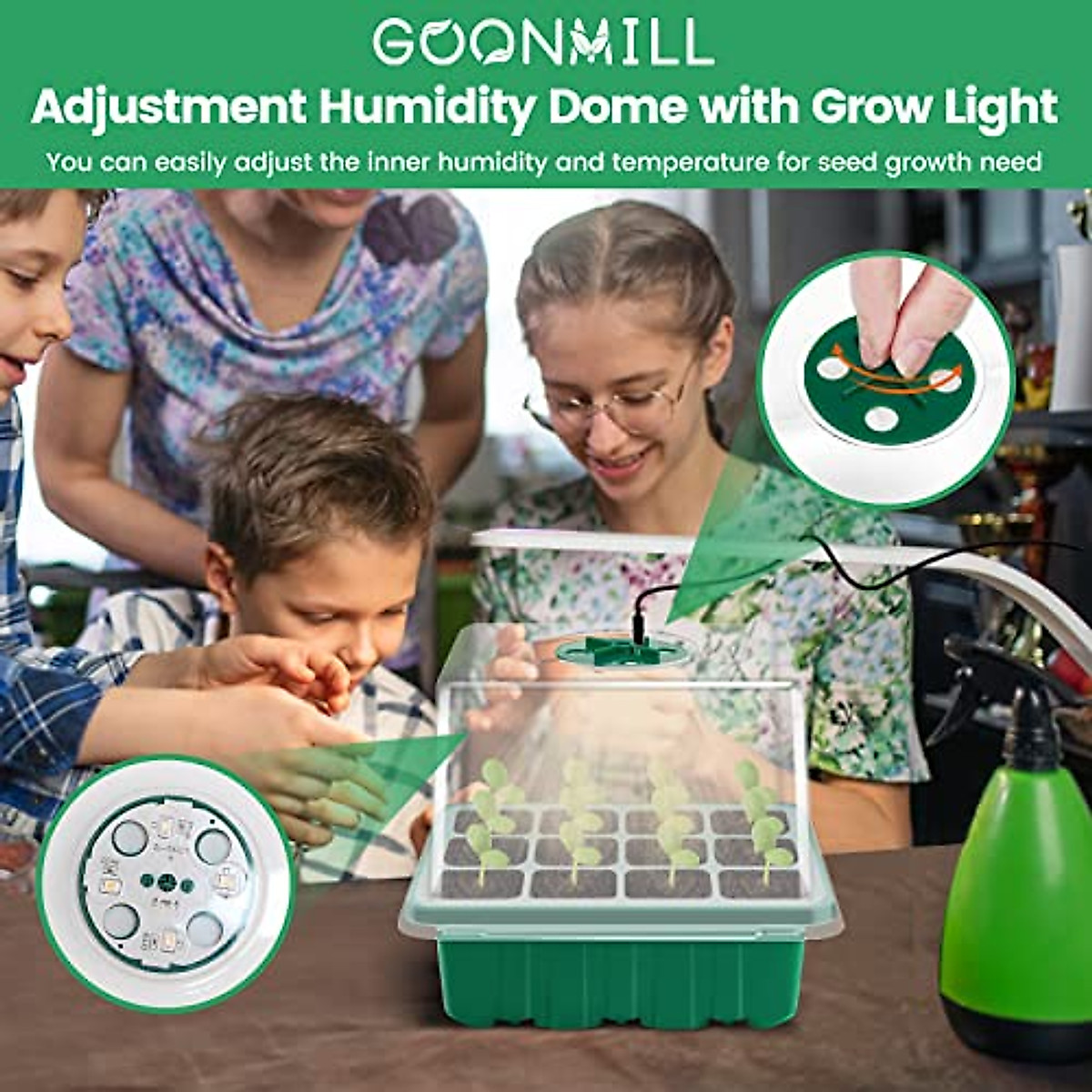 Seed Starter Tray with Grow Light, 5 Packs Plant Starter Tray Seedling Starter Kit with Humidity Domes Base Indoor Greenhouse Mini Propagator Station for Seeds Growing Starting (12 Cells per Tray)
